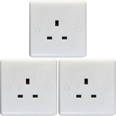 3 PACK 1 Gang Single 13A Unswitched UK Plug Socket - WHITE Wall Power ...