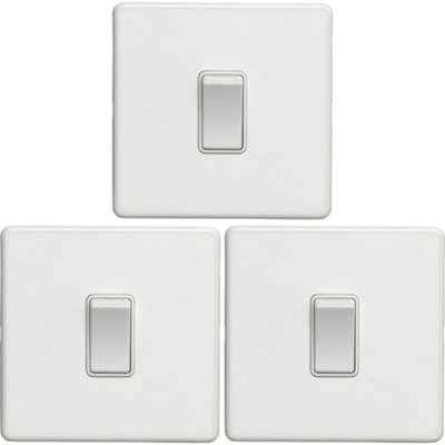 3 PACK 1 Gang Single Light Switch SCREWLESS MATT WHITE 2 Way 10A Slim ...