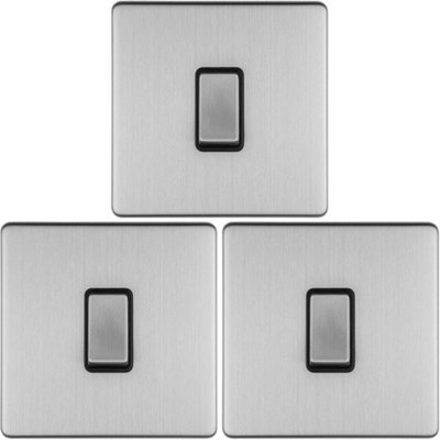 3 PACK 1 Gang Single Light Switch SCREWLESS SATIN STEEL 2 Way 10A Slim ...