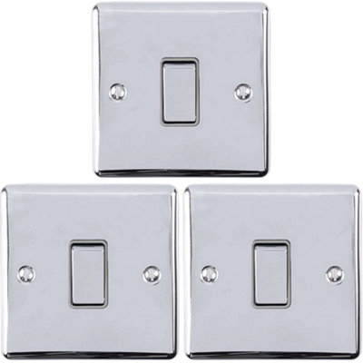 3 PACK 1 Gang Single Metal Light Switch POLISHED CHROME 2 Way 10A GREY ...