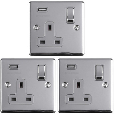 3 PACK 1 Gang Single UK Plug Socket & 2.1A USB-A CHROME & GREY 13A ...