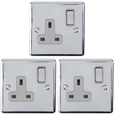 3 PACK 1 Gang Single UK Plug Socket POLISHED CHROME 13A Switched GREY ...