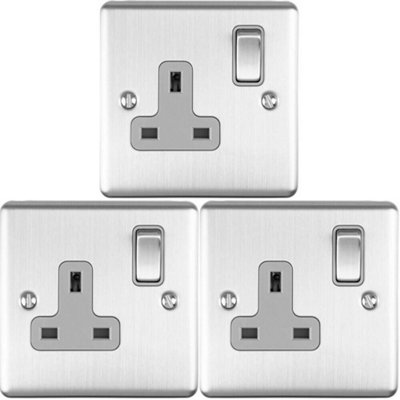 3 PACK 1 Gang Single UK Plug Socket SATIN STEEL 13A Switched Grey Trim ...