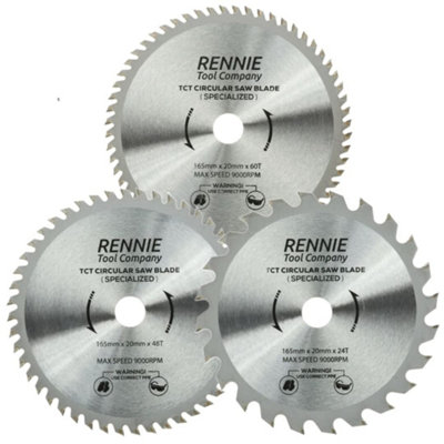 3 Pack - 165mm x 24T 36T & 60T TCT Cordless Circular Wood Saw Blades ...
