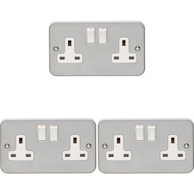 3 PACK 2 Gang Double 13A Switched UK Plug Socket HEAVY DUTY METAL CLAD ...