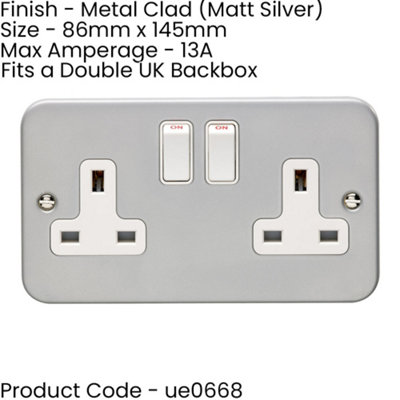 3 PACK 2 Gang Double 13A Switched UK Plug Socket HEAVY DUTY METAL CLAD ...