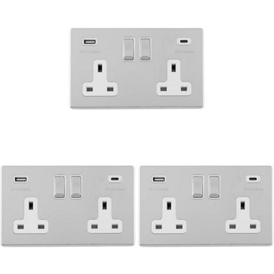 3 PACK 2 Gang Double 13A UK Plug Socket & 2x 3.1A USB-C SCREWLESS ...