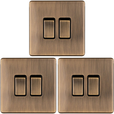 3 PACK 2 Gang Double Light Switch SCREWLESS ANTIQUE BRASS 2 Way 10A ...