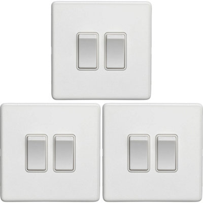 3 PACK 2 Gang Double Light Switch SCREWLESS MATT WHITE 2 Way 10A Slim ...