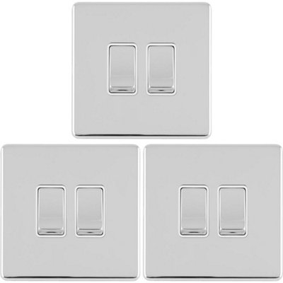 3 PACK 2 Gang Double Light Switch SCREWLESS POLISHED CHROME 2 Way 10A ...