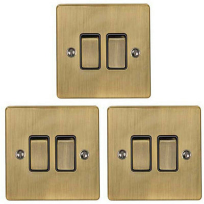 3 PACK 2 Gang Double Metal Light Switch ANTIQUE BRASS 2 Way 10A Black ...