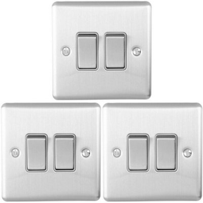 3 PACK 2 Gang Double Metal Light Switch SATIN STEEL 2 Way 10A Grey Trim ...