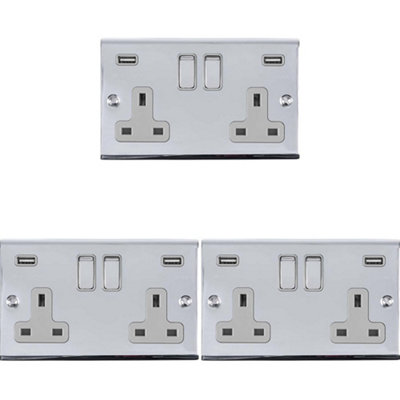 3 PACK 2 Gang Double UK Plug Socket & 2.1A USB-A CHROME & GREY 13A ...