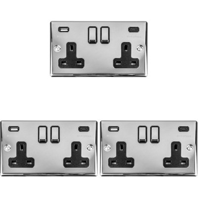 3 PACK 2 Gang Double UK Plug Socket & Dual 3.1A USB-C & A CHROME 13A ...