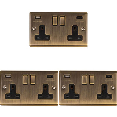 3 PACK 2 Gang Double UK Plug Socket & Dual 3.1A USB-C ANTIQUE BRASS 13A ...