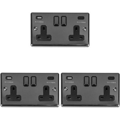 3 PACK 2 Gang Double UK Plug Socket & Dual 3.1A USB-C BLACK NICKEL 13A ...
