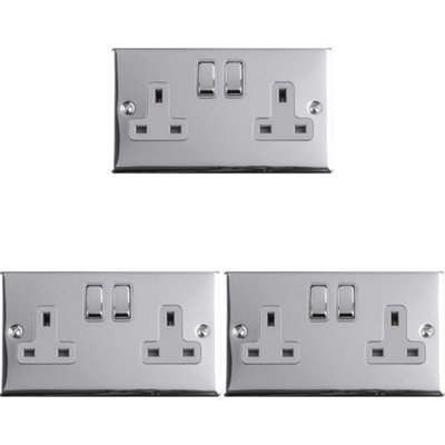 3 PACK 2 Gang Double UK Plug Socket POLISHED CHROME 13A Switched GREY ...