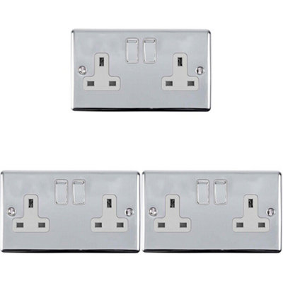 3 PACK 2 Gang Double UK Plug Socket POLISHED CHROME 13A Switched White ...