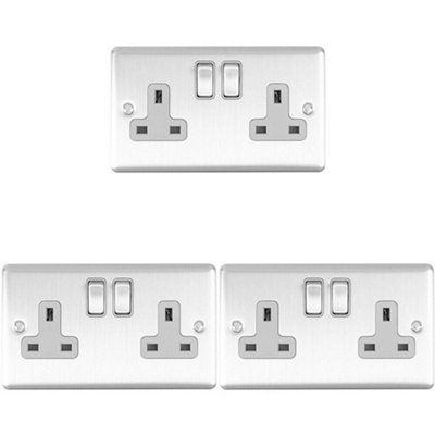 3 PACK 2 Gang Double UK Plug Socket SATIN STEEL & Grey 13A Switched ...