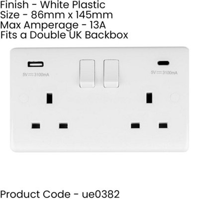 3 PACK 2 Gang UK Plug Socket & Dual 3.1A USB-C & A WHITE PLASTIC 13A ...