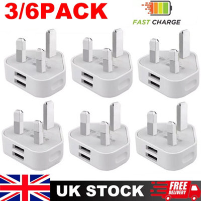 3 Pack 2 Port UK USB Wall Charger 3 Pin Plug Mains Adapter For Phones ...