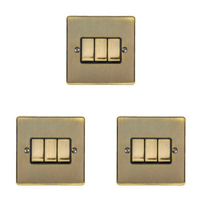 3 PACK 3 Gang Metal Triple Light Switch ANTIQUE BRASS 2 Way 10A Black ...