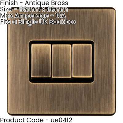 3 PACK 3 Gang Triple Light Switch SCREWLESS ANTIQUE BRASS 2 Way 10A ...