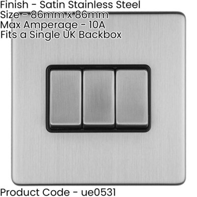 3 PACK 3 Gang Triple Light Switch SCREWLESS SATIN STEEL 2 Way 10A Slim ...
