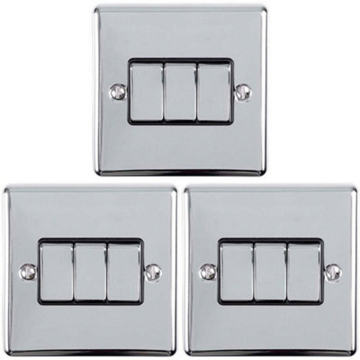 3 PACK 3 GANG TRIPLE METAL LIGHT SWITCH POLISHED CHROME 2 WAY 10A BLACK ...