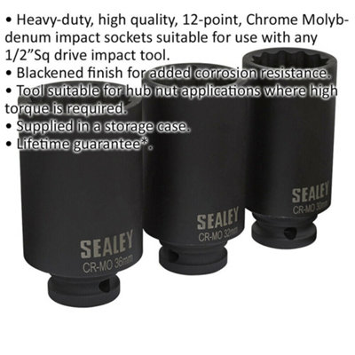 3 PACK - 30mm 32mm 36mm DEEP Impact Socket Set - 1/2" Square Drive - 12 ...