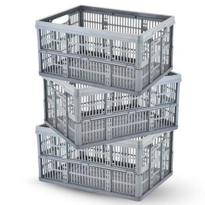 3 Pack 32 Litre Foldable Plastic Storage Crates Grey Collapsible ...
