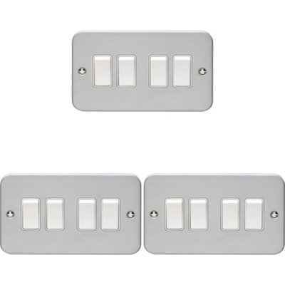 3 PACK 4 Gang Quad Light Switch 2 Way 10A HEAVY DUTY METAL CLAD - White ...