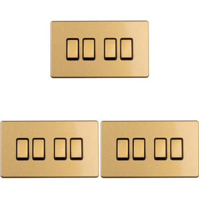 3 PACK 4 Gang Quad Light Switch SCREWLESS SATIN BRASS 2 Way 10A Slim ...