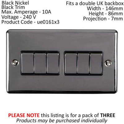 3 PACK 6 Gang Metal Multi Light Switch BLACK NICKEL 2 Way 10A Black Trim