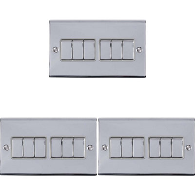 3 PACK 6 Gang Metal Multi Light Switch POLISHED CHROME 2 Way 10A GREY ...