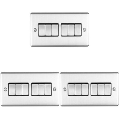 3 PACK 6 Gang Metal Multi Light Switch SATIN STEEL 2 Way 10A Black Trim ...