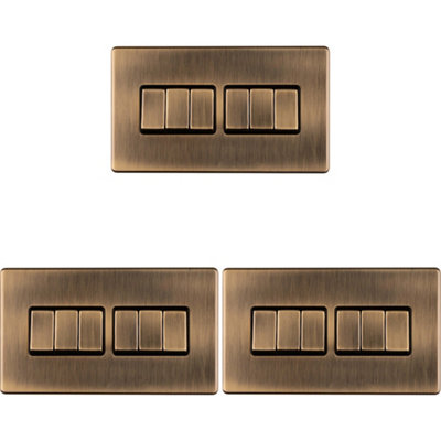 3 PACK 6 Gang Multi Light Switch SCREWLESS ANTIQUE BRASS 2 Way 10A Slim ...