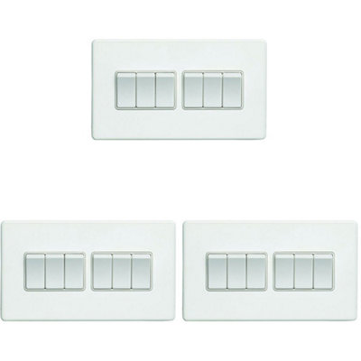 3 PACK 6 Gang Multi Light Switch SCREWLESS MATT WHITE 2 Way 10A Slim Rocker