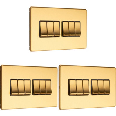 3 PACK 6 Gang Multi Light Switch SCREWLESS SATIN BRASS 2 Way 10A Slim ...