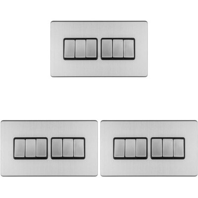 3 PACK 6 Gang Multi Light Switch SCREWLESS SATIN STEEL 2 Way 10A Slim ...