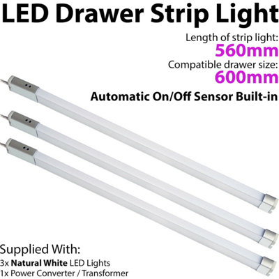 3-Pack 600mm LED Drawer Strip Lights with AUTO ON/OFF PIR Sensor for ...