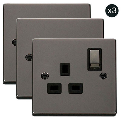3 PACK - Black Nickel 1 Gang 13A DP Ingot Switched Plug Socket - Black ...