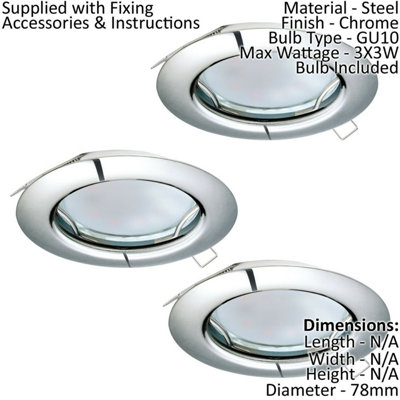 3-Pack Chrome Steel Flush Recessed Ceiling Downlights with GU10 Bulbs