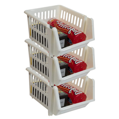3 Pack Cream Plastic Stacking Storage Baskets Rectangular Clip Together ...
