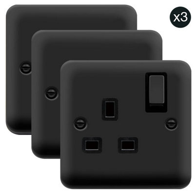 3 PACK - Curved Matt Black 1 Gang 13A DP Ingot Switched Plug Socket ...