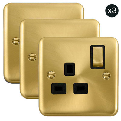 3 PACK - Curved Satin / Brushed Brass 1 Gang 13A DP Ingot Switched Plug ...