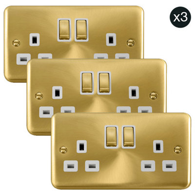 3 PACK - Curved Satin / Brushed Brass 2 Gang 13A DP Ingot Twin Double ...