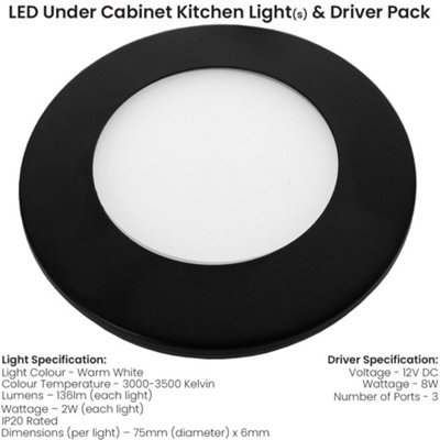 3 Pack of Matt Black Ultra-Slim Round Under Cabinet Kitchen Lights with ...