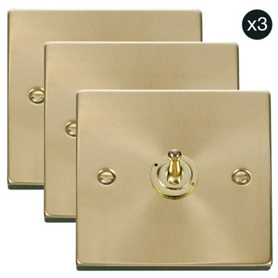3 PACK - Satin / Brushed Brass 1 Gang 2 Way 10AX Toggle Light Switch ...