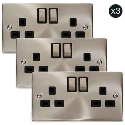 3 PACK - Satin / Brushed Chrome 2 Gang 13A DP Ingot Twin Double ...